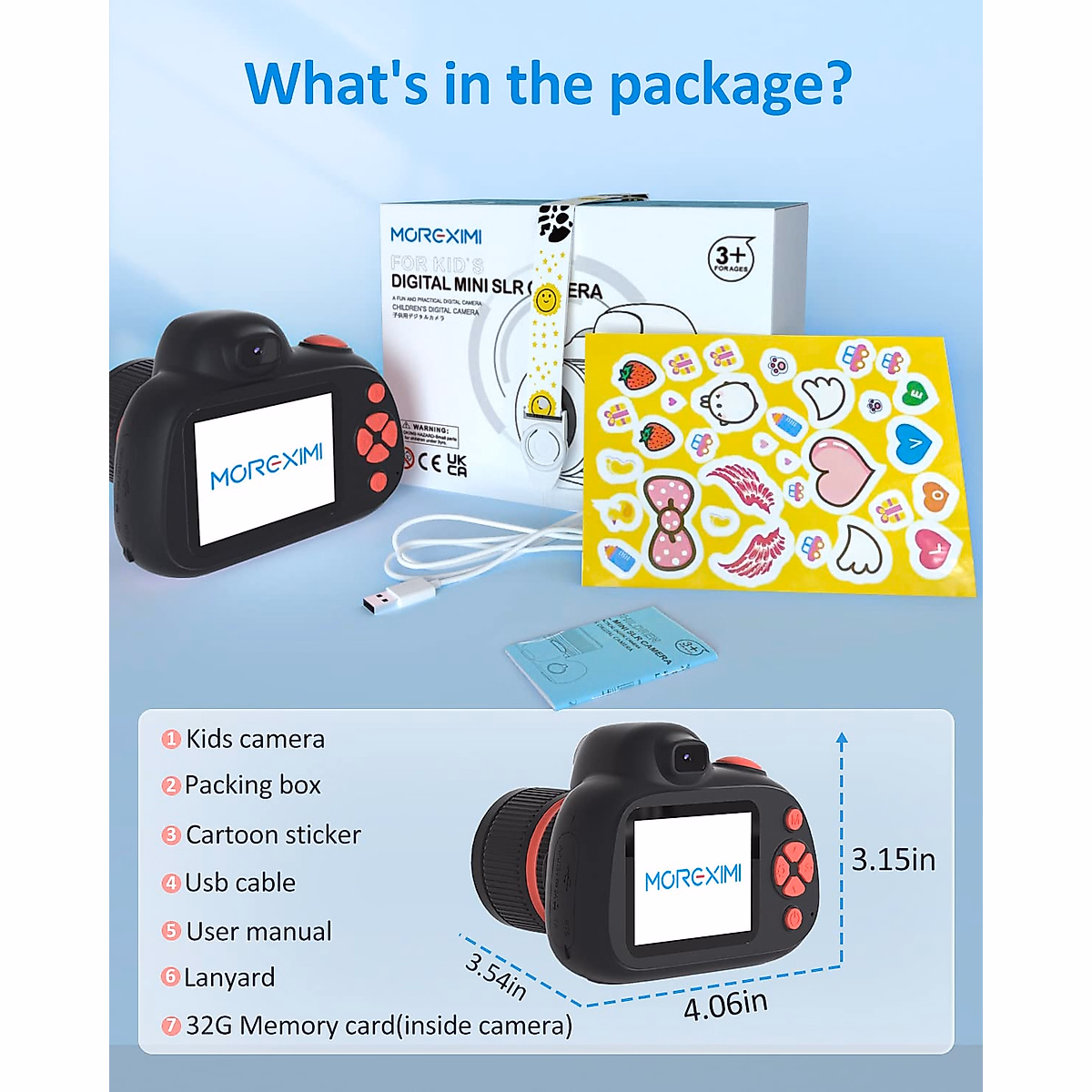 MOREXIMI Kids Camera, Digital Camera for Kids 3-8 Year Old, Birthday, Toys for Girls, 2.4" IPS Screen, Video Camcorder with Flash, 32G Card Included, Perfect Size (Black)