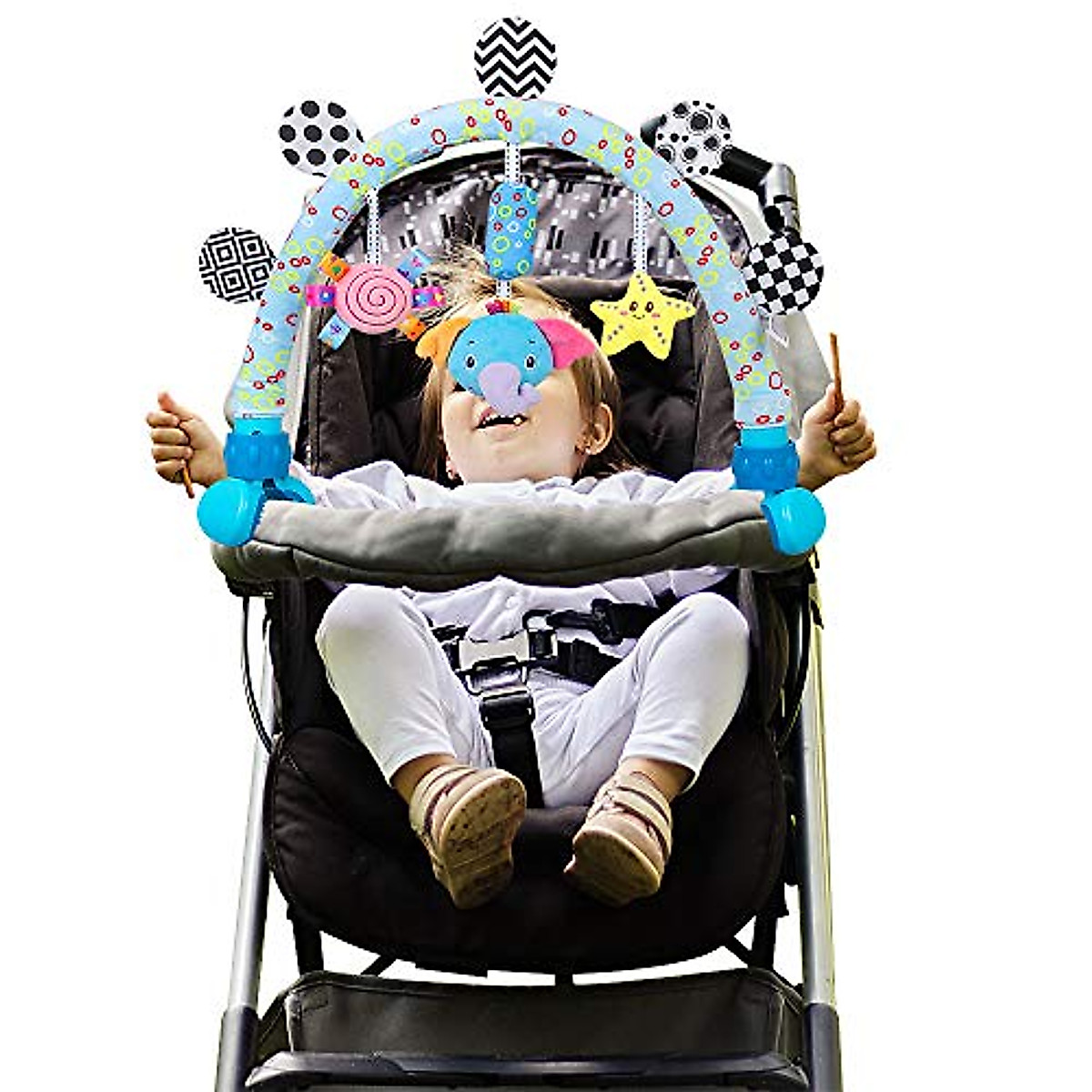 Caterbee Travel Arch Bassinet Toys for Infant & Toddlers, Baby Stroller Toy Crib Accessory & Pram Activity Bar Toy for Indoor and Outdoor (Elephant)