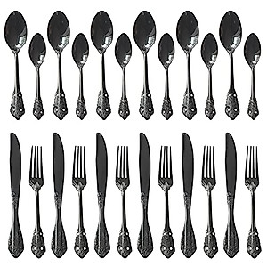 LAIION Silverware Set，24-Piece Stainless Steel Flatware Service for 6, Mirror Finish Cutlery Set Black Color flatware set for 6