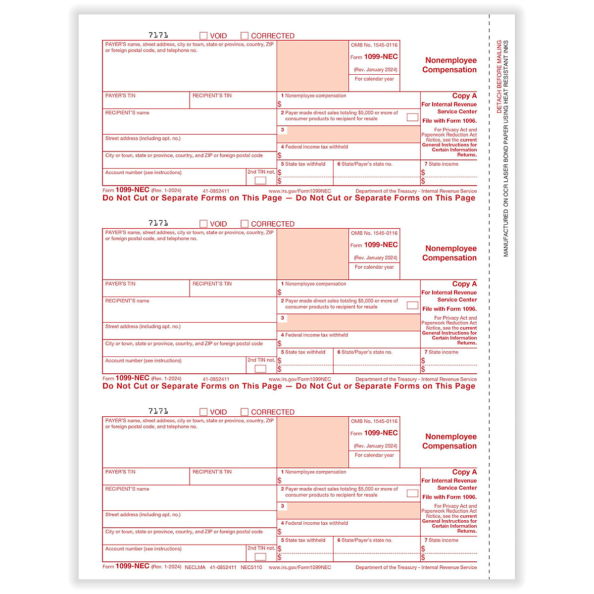 1099-NEC Federal Copy A Tax Form, Pack of 300 Forms
