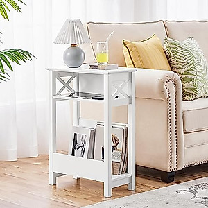 Yaheetech Small Side Table with Storage Shelf, 3-Tier Slim End Table with Magazine Rack, X Shaped Magazine Table for Living Room Home Office Balcony Small Spaces, 20? L � 10? W � 28? H, White