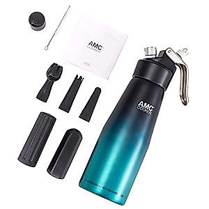 Professional Whipper Maker, Aluminum Whipped Dispenser & 2 Holders with 3 Decorating Nnozzles Leak Proof-use 8 Gram Cream Chargers,1 Pint, 500ml(Not Included)