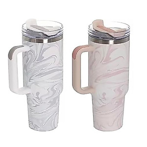 Thirst Trap Drinkware 40 OZ Swirl Tumbler with handle, 2.0 lid and straw, stainless steel travel mug for cold & warm drinks (Rose Quartz Swirl)