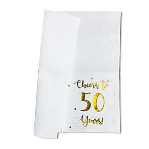 Cheers to 50 Years Cocktail Napkins | Happy 50th Birthday Decorations for Men and Women and Wedding Anniversary Party Decorations | 50-Pack 3-Ply Napkins | 5 x 5 inch folded (White)