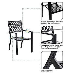 MFSTUDIO 5 Piece Black Metal Outdoor Patio Dining Bistro Set with 4 Armrest Chairs and Steel Frame Slat Larger Square Table, 37" Table and 4 Backyard Garden Chairs Outdoor Furniture Set, Black …