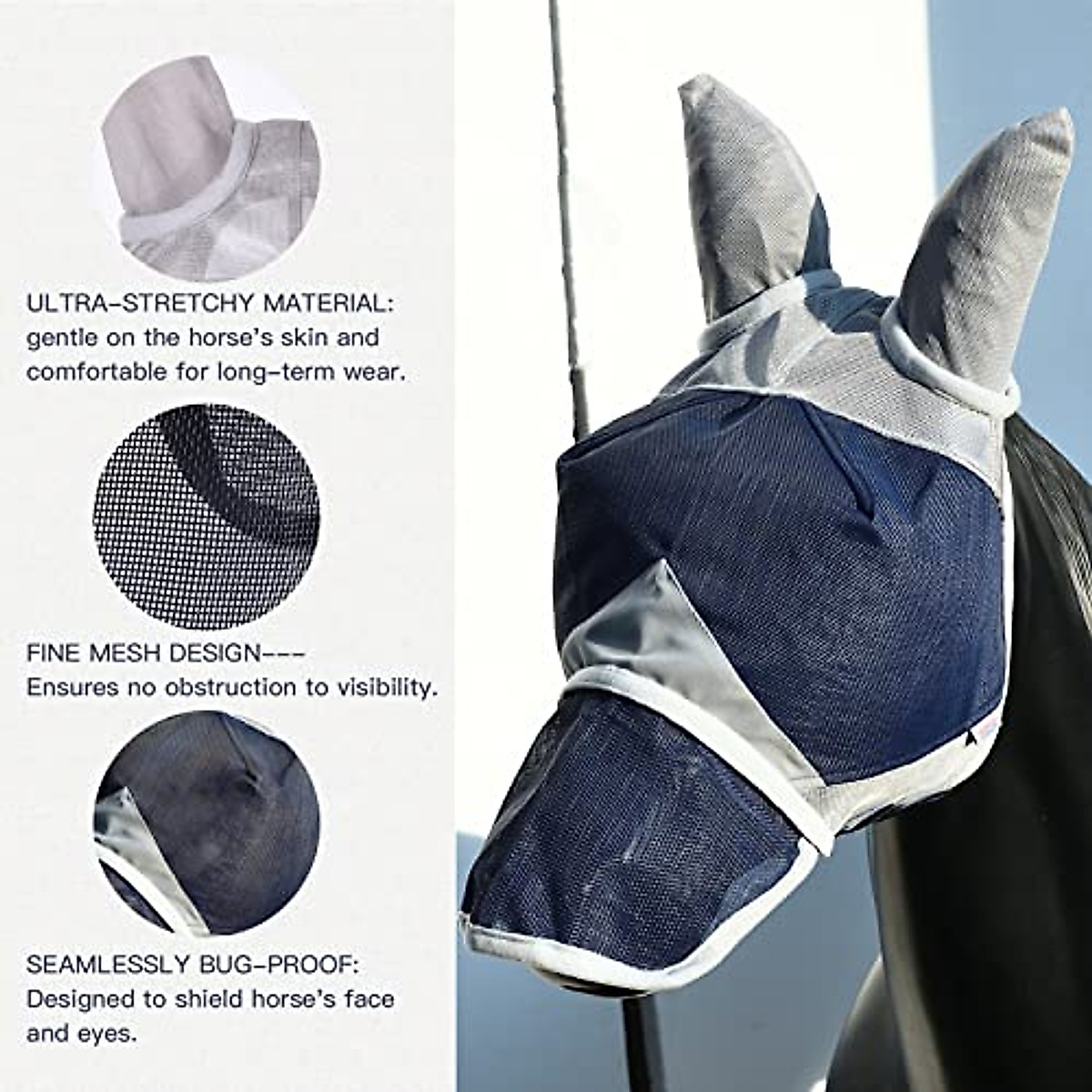 HUIRHUIR Horse Fly Mask Long Nose with Ears UV Protection for Detachable Nose Flap Horse-Navy Blue(XL, Extra Full)