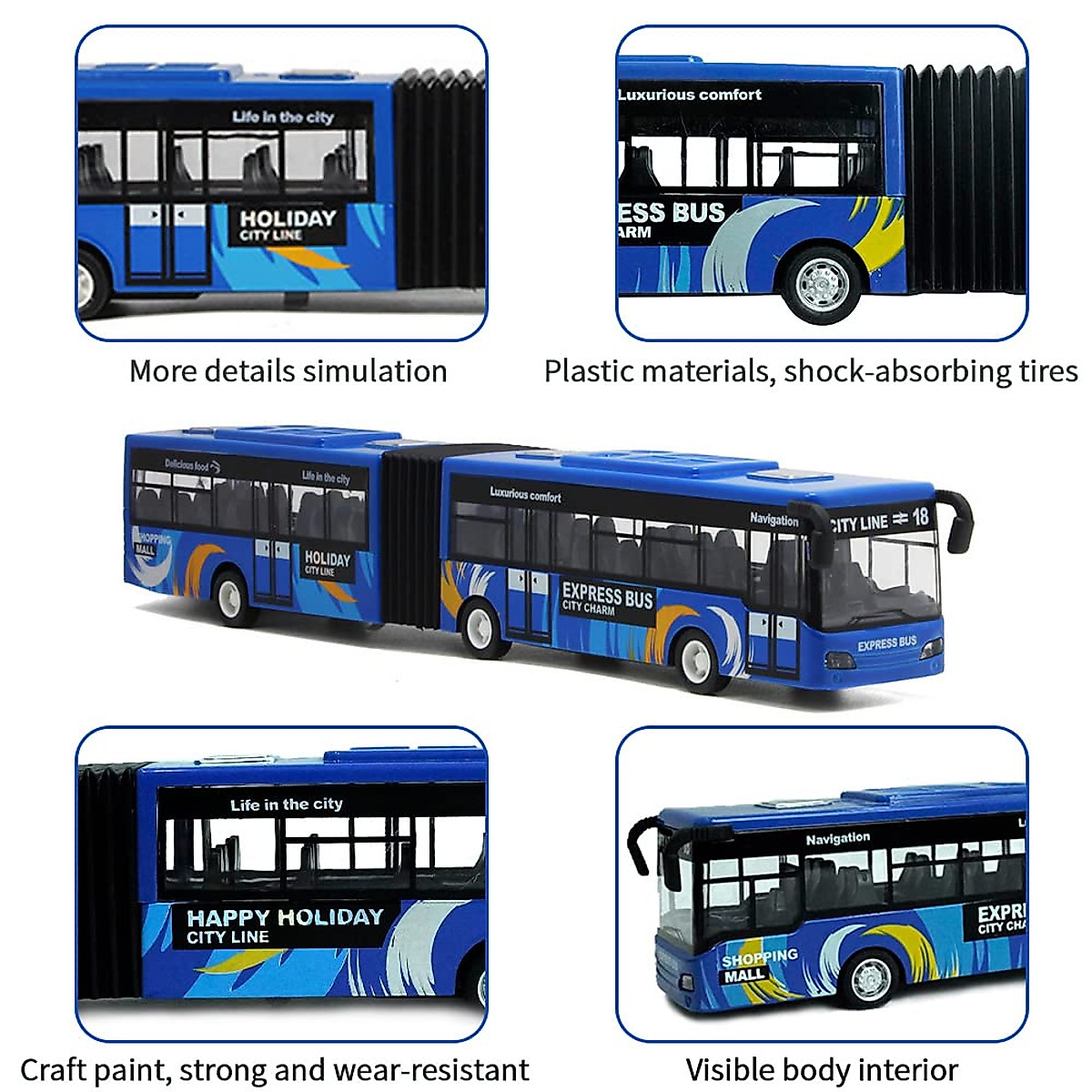 Crelloci City Bus Toy for Kids, Die Cast Alloy Pull Back Vehicles, Metro Articulated Electric Bus with Sounds and Lights, Model Cars Toys Educational Gift for Kids Boys Girls Ages 3+