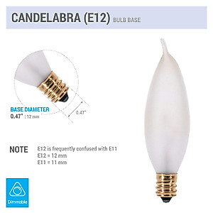 KOR Pack of 12 – 25 Watt Flame Tip Shape Frosted Candelabra Light Bulbs, E12 Base, 120V, Incandescent Dimmable. Warm White Color, 25W for Chandeliers, Pendants, Ceiling Fan and Sconces