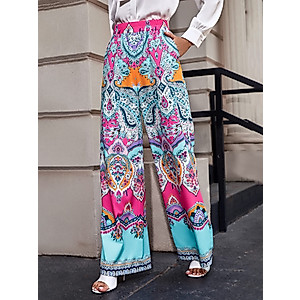 WDIRARA Women's Tropical Print High Elastic Waisted Wide Leg Loose Pants Trousers Multicolor Paisley M