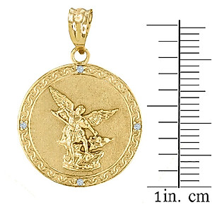 14K Yellow Gold Diamond Accented 1” Round Saint Michael The Archangel Medal Pendant Necklace (SI1-SI2 Clarity)