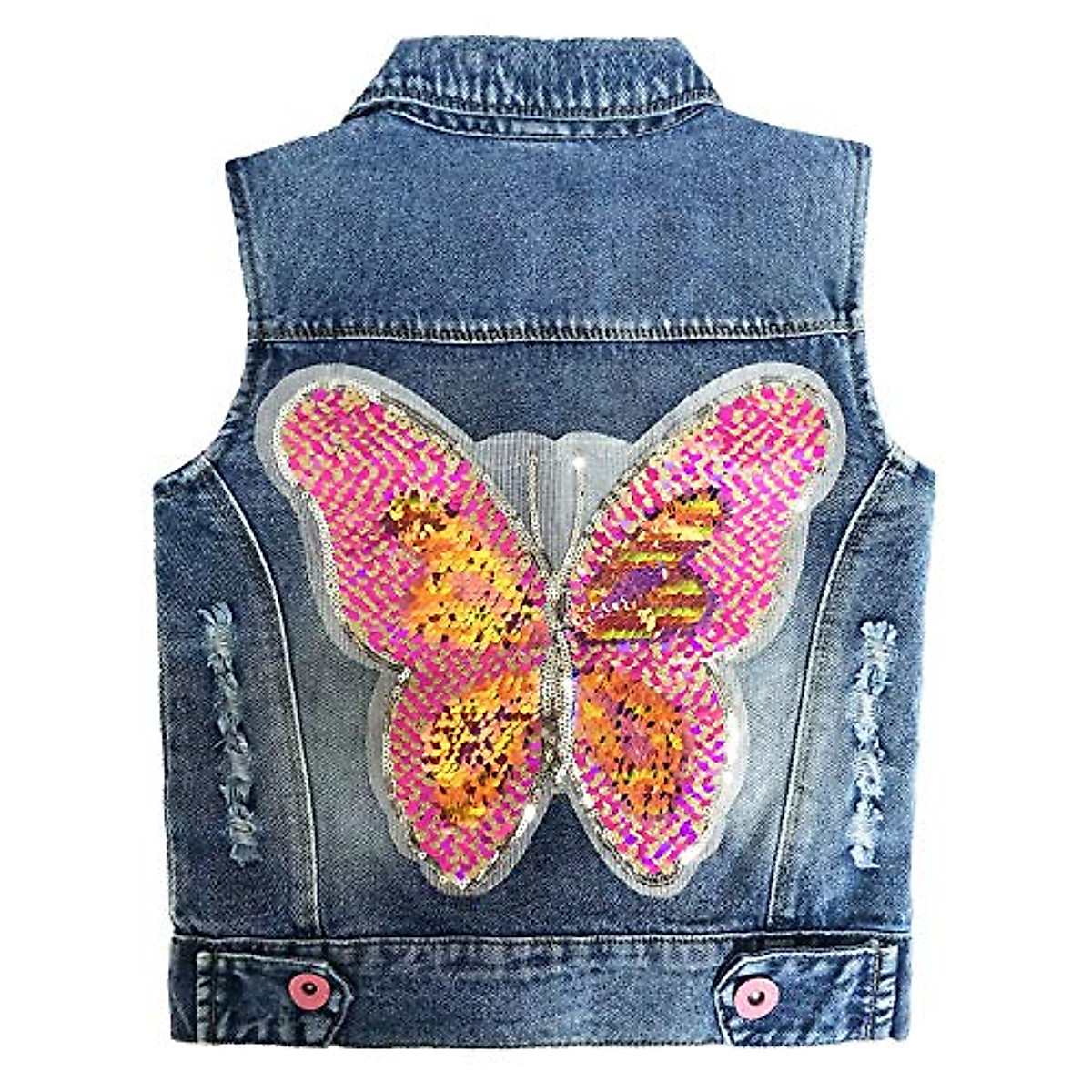 Peacolate Little Big Girl Distressed Sleeveless Jacket Embroidered Sequins Butterfly Denim Vest (Butterfly,8-9Years)