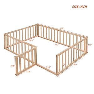 Harper & Bright Designs Floor Bed with Rails, Full Size Wood Floor Bed Frame with Fence and Door, for Kids Girls Boys (Natural)