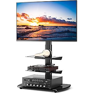 5Rcom Floor TV Stand with Mount, Height Adjustable TV Floor Stand with Swivel Mount for 27-70 inch Flat or Curved Screens TVs, Sturdy Tempered Glass Base with 3 Large Shelves for Bedroom, Black