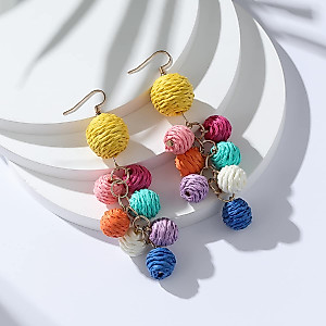 Colorful Raffia Earrings Boho Rattan Raffia Statement Drop Dangle for Women Lightweight Straw Wicker Earrings Summer Beach Vacation Earrings Jewelry Accessories Gifts (Rainbow)