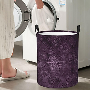 Eggplant Velvet Damask Plum Purple Floral Round Canvas Linen Laundry Hamper, Waterproof Storage Bin For Toys, Books, Clothes, Pets, Laundry Basket, Gift Basket Medium