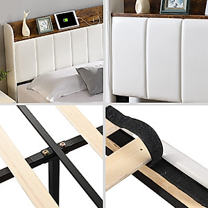 XKLOGER Upholstered Bed Frame Queen Size with Headboard, Platform Queen Bed Frame with Storage Drawers & Charging Station, No Box Spring Needed/Noise Free/Heavy Duty/White