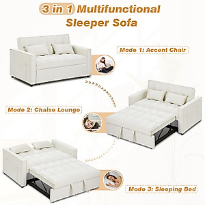 GEEVIVO 55-inch Small Futon Sofa Bed, Modern Tufted Velvet 3 in 1 Convertible Sleeper Sofa with Pull Out Bed, 2 Pillows for Small Space, Living Room, Apartment, Bedroom, Beige