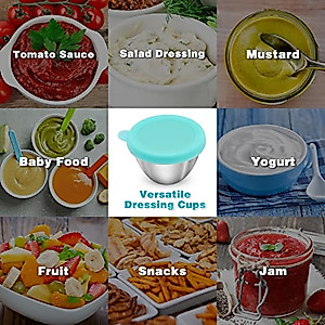 6 Pack Salad Dressing Container, 3 Pack 1.6 OZ+ 3 Pack 2.4 OZ Stainless Steel Reusable Leakproof Small Condiment Sauce Cups for Lunch Bento Boxes with 7pcs Silicone Lids and One Brush(Colorful)