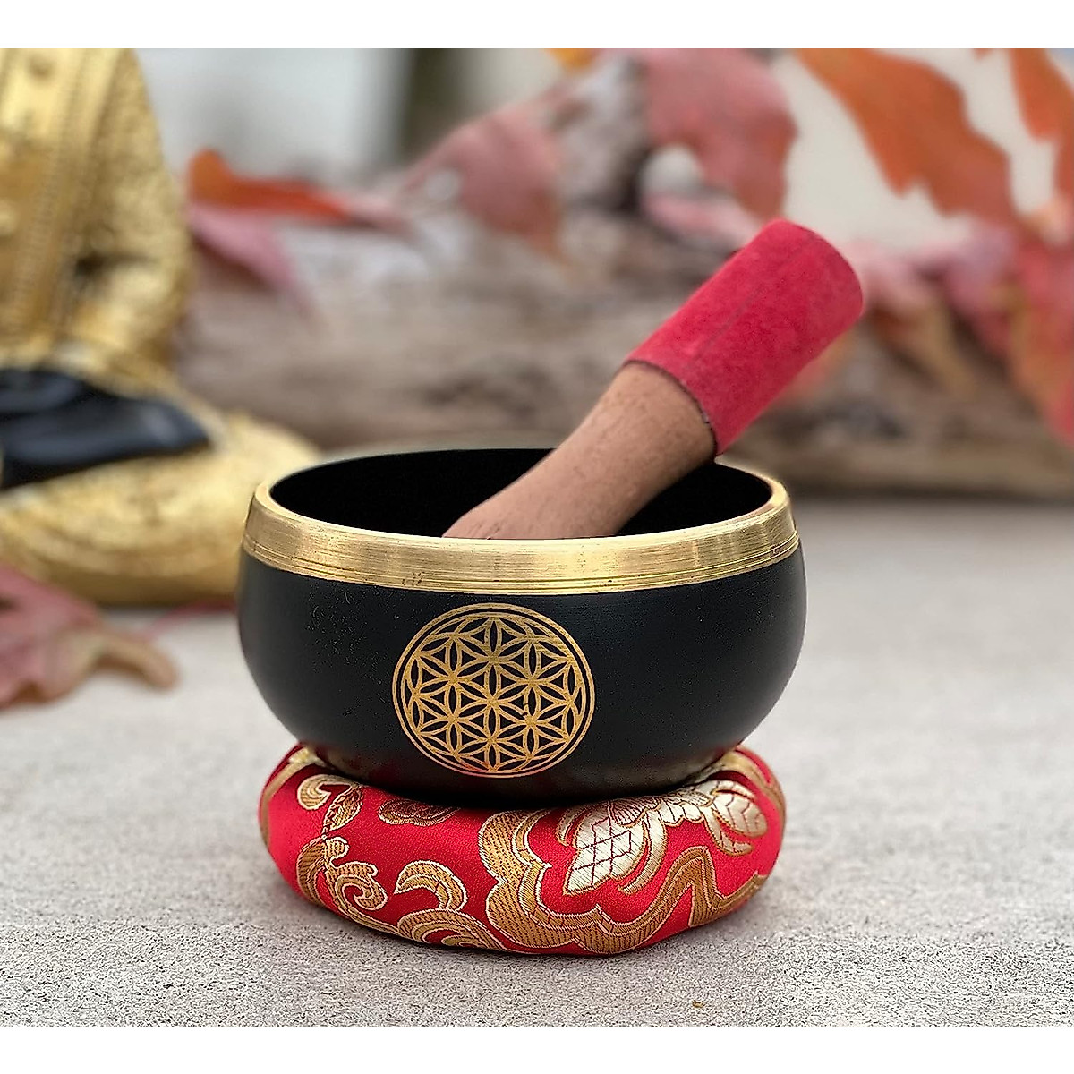 Tibetan Flower Of Life Singing Bowl Mallet Cushion Set ~ For Meditation, Yoga, Spiritual Healing and Mindfulness ~ Medium (Black)