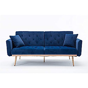 SZLIZCCC 63" Accent Sofa, Mid Century Modern Velvet Fabric Couch， Convertible Futon Sofa Bed ，Recliner Couch Accent Sofa Loveseat Sofa with Gold Metal Feet (Blue)