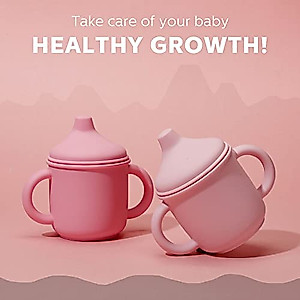 2 Pcs Silicone Sippy Cup Training Cup for Baby 6 Months+ Soft Baby Cup with Straw Spill Proof Sippy Cups for Toddlers with Handles and Spout Lid Easy Grip 5 Oz (Pink Series, Solid Style)