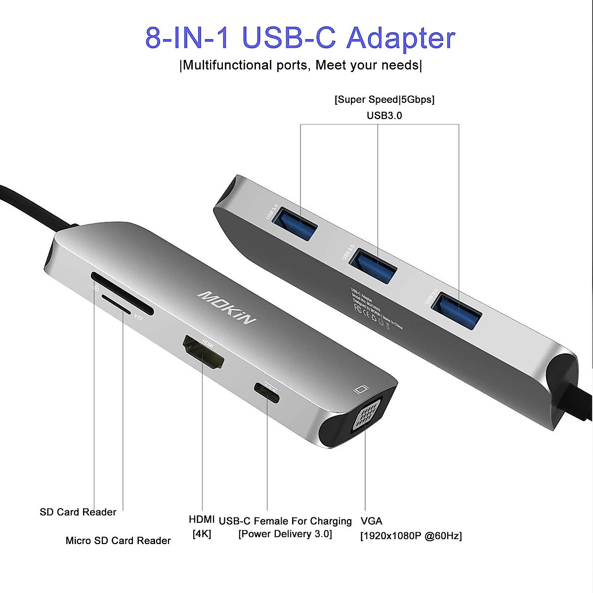 USB C Hub Multiport USB C Adapter for MacBook Pro 2021 2020,USB C Hub USB C to HDMI VGA SD TF Card Reader 3USB 3.0 and USB C Power Pass-Through Port