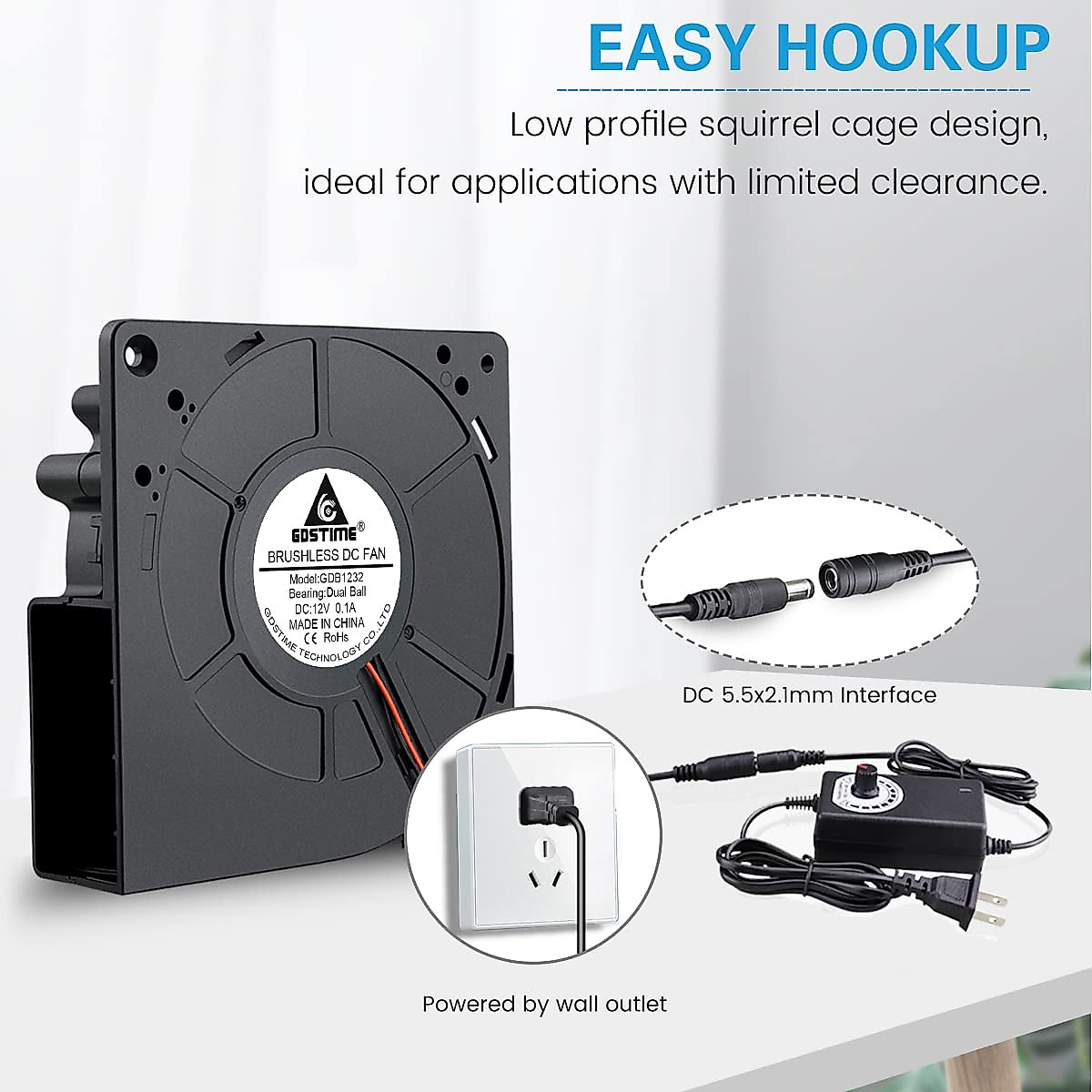 GDSTIME 120mm Blower Fan, AC 110V 220V DC 12V Powered Fan with Speed Control, for Receiver DVR Xbox Modem AV Cabinet Cooling