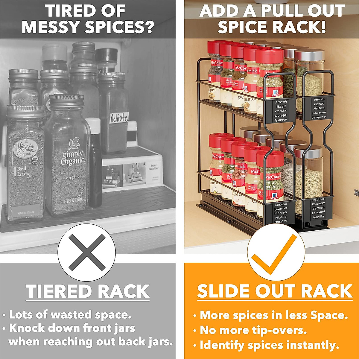 SpaceAid Pull Out Spice Rack Organizer for Cabinet, 2 Drawers 2-Tier, 1 Drawer 2-Tier