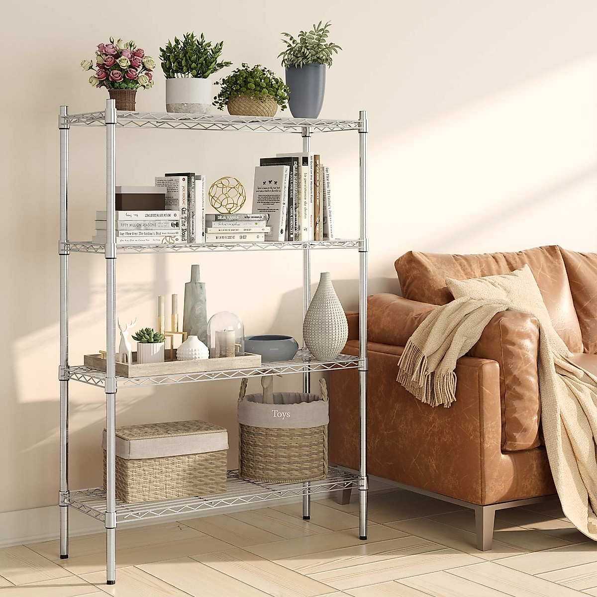 Auslar 4-Shelf Storage Wire Shelves Heavy Duty 4 Tiers Standing Shelving Units Adjustable Metal Organizer Wire Rack, Chrome