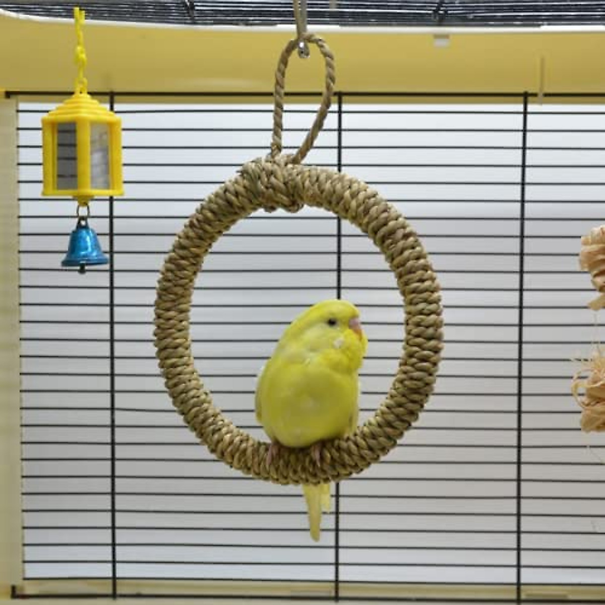 Bird Rope Swing Toy Parrot Climbing Perch Stand Natural Straw Rope Weaving Round Toy for Cockatiel Conure Cockatoo Parakeet Cage Hanging Decor