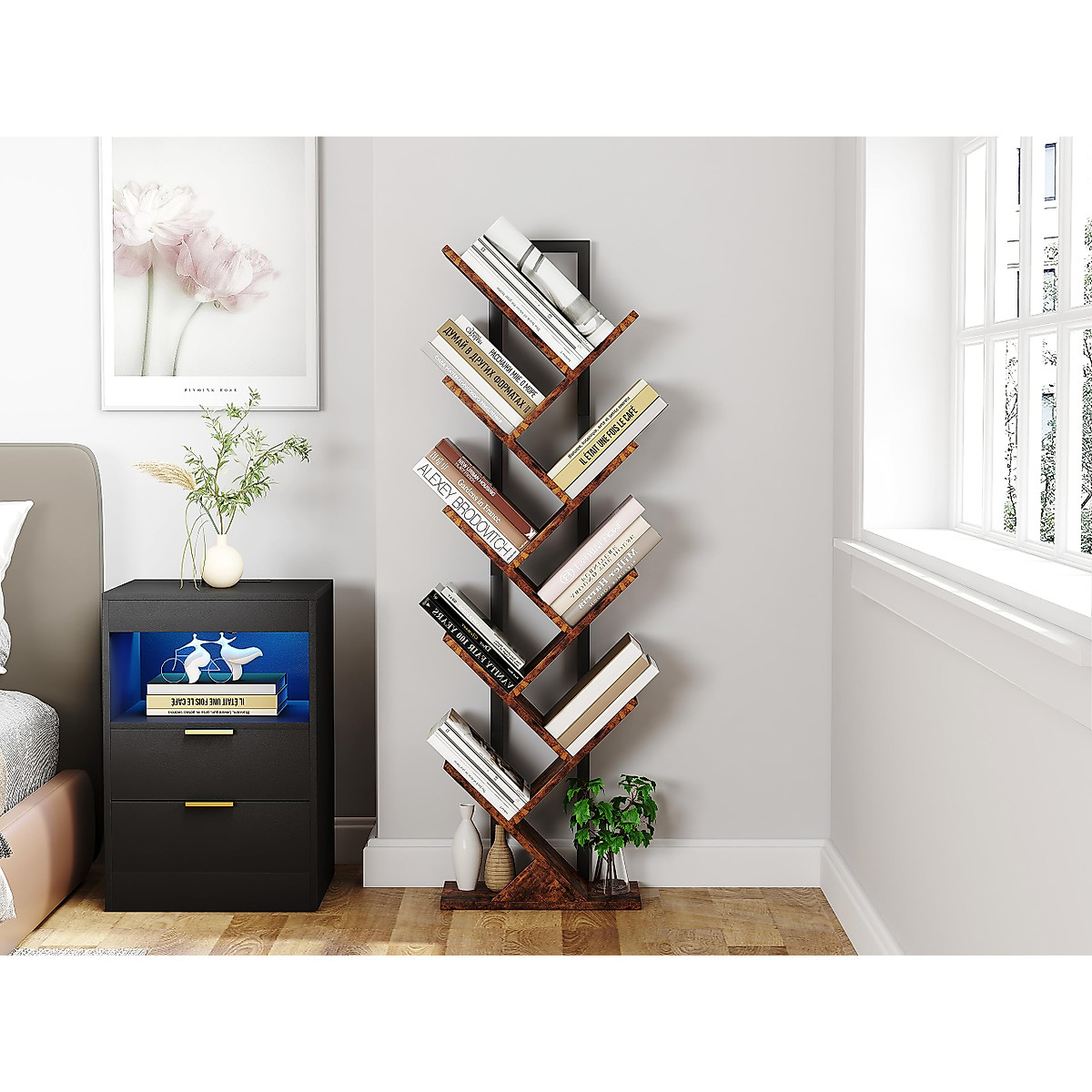 LESHP Tree 8 Shelf Retro Floor Standing Bookcase, Wood Storage Rack for CDs/Movies/Books, Utility Organizer for Bedroom, Living Room, Home Office, Rustic Brown