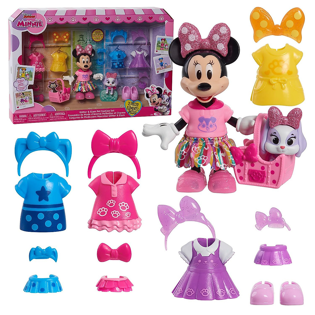 Just Play Disney Junior Minnie Mouse Glitter and Glam Pet Fashion Set, 23-piece Doll and Accessories, Officially Licensed Kids Toys for Ages 3 Up