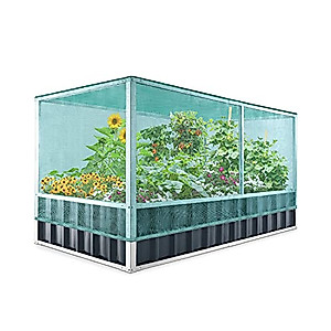 KING BIRD Raised Garden Bed with Garden Anti Bird Protection Netting Structure 68"x36"x27.5" Galvanized Steel Metal Planter Kit Box with 8pcs T-Type Tags & 2 Pairs of Gloves Dark Grey