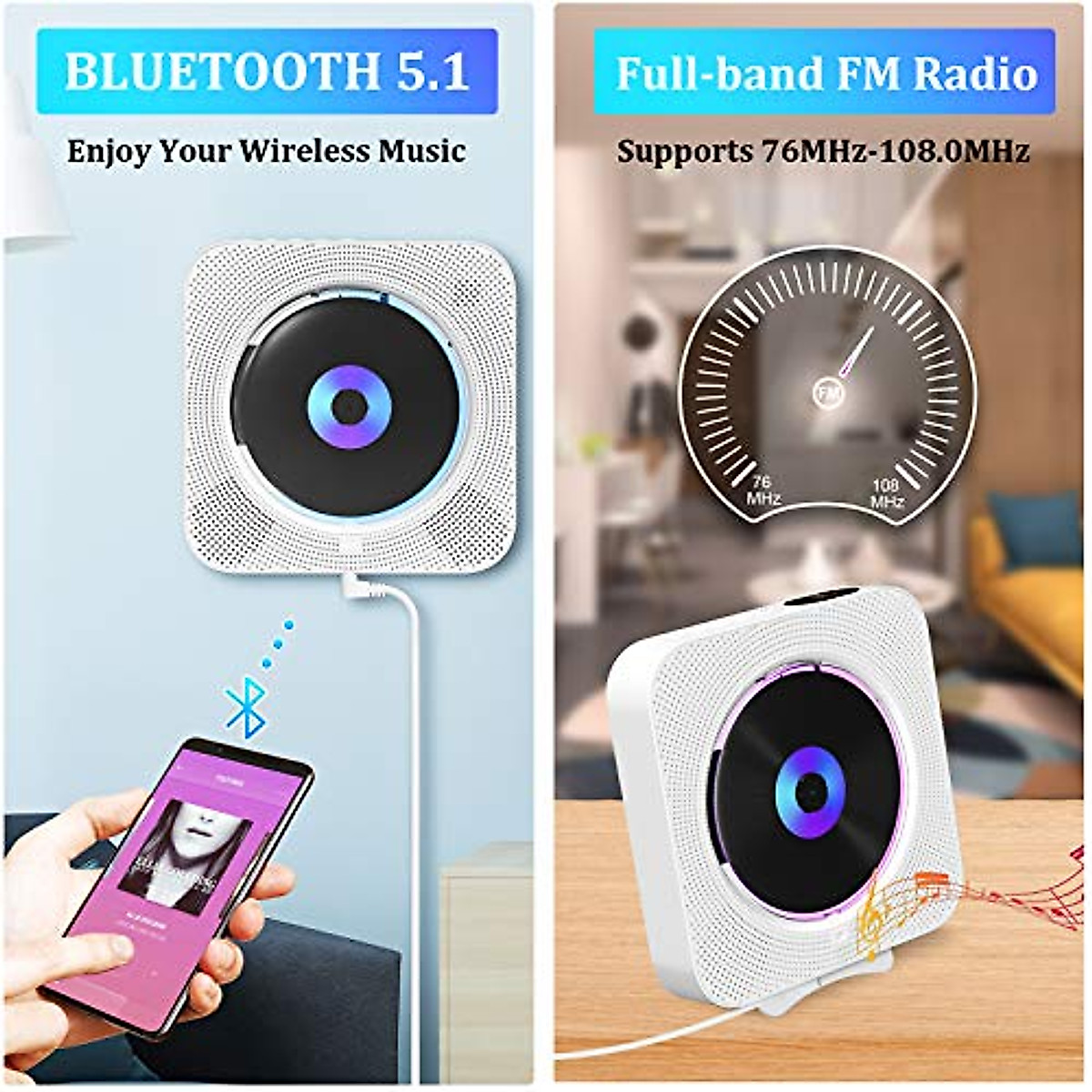 Qoosea Portable CD Player with Bluetooth Wall Mountable CD Music Player Home Audio Boombox with Remote Control FM Radio Built-in HiFi Speakers MP3 Headphone Jack AUX Input Output