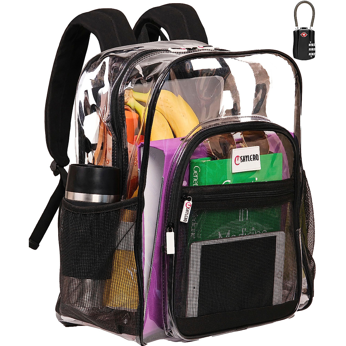 SHYLERO Clear Backpack For Work XL - Heavy Duty School Bookbag has TSA Lock, 2-WAY Zip, Transparent PVC - H18''xW14''xD8