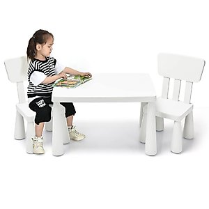 COSTWAY 3-Piece Kids Table and Chairs Set, Lightweight Plastic Children Activity Center for Reading, Writing, Painting, Snack Time, Kids Furniture Art Study Desk & Chairs Set for Ages 1-7 (White)