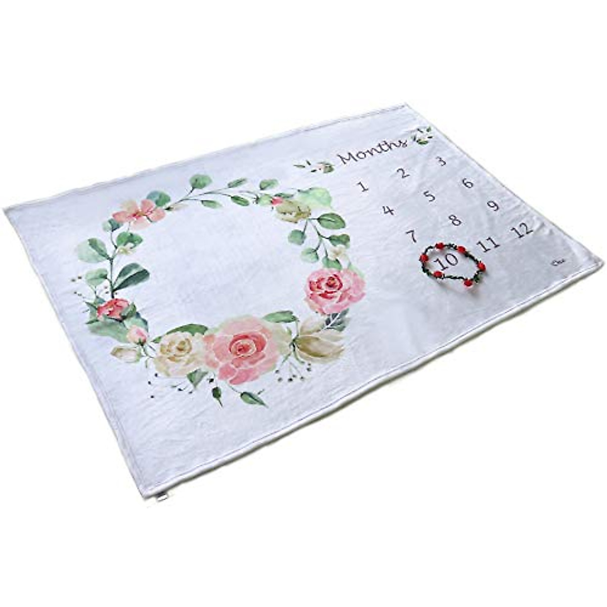 Baby Monthly Milestone Blanket for Girl & Boy - Floral Plush Fleece for Baby Photo – Baby Shower/Registry Gift – Baby Safe Soft Wrinkle Free - Swaddle and Throw - Bonus Wreath + Organic Cotton Bib