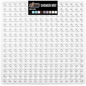 Gorilla Grip Patented Shower Stall Mat, 21x21, Machine Washable, Square Bathroom Bath Tub Mats for Stand up Showers and Small Bathtubs, Drain Holes Keep Floor Clean, Suction Cups, Soft on Feet, Clear