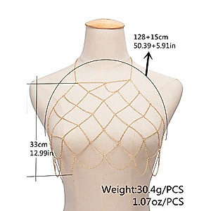 Metmejiao Women's Sexy Halterneck Mesh Body Chain Bralette Bikini Bra Necklaces Net Bralette Chain Bra Harness Jewelry for Women (Gold)