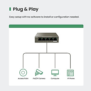 Tenda TEG1105P, 5 Port Gigabit PoE Switch Compatible with IEEE 802.3af/at Devices, Unmanaged PoE Switch with 4 Port PoE+@63W, Plug & Play, Fanless & Metal Design, Limited Lifetime Protection