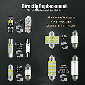 EBAIFUN 26-Pack 6000K White 12V DE3175 6411 T10 2825 6612F 6615F 31mm 41mm LED bulb Kit for Car Truck Interior Map Dome Vanity Mirror Sun Visor Light Cargo Trunk Door Courtesy License Plate Light