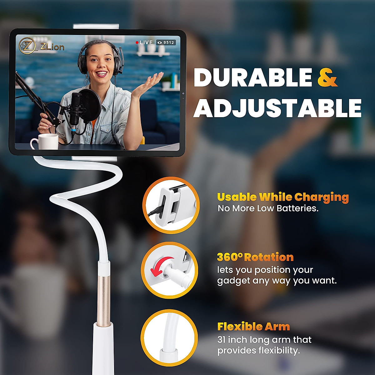 Zlion 360 Degree Tablet Holder, 31-Inch-Long Gooseneck Phone Holder with Clamp, Tablet and Cell Phone Holder for Treadmills or Furniture, Tablet Holder for Online Class, Reading, Watching and More