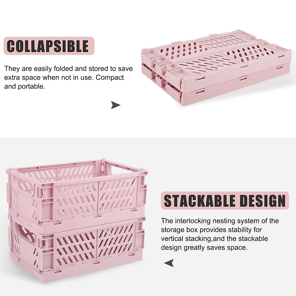 Weraher Plastic Baskets for Desk Organizing, Drawer Organizer, 2 Medium+2 Small Durable Folding Storage Crate for Home Kitchen Classroom Office Bedroom and Bathroom (Pink)