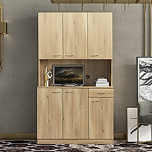 71" Kitchen Pantry Cabinet, Freestanding Floor Cabinet with 6-Doors & Microwave Stand, Sideboard Buffet Cabinet Hutch Cupboard, Tall Storage Cabinet for Kitchen, Dinning Room, Living Room (Oak)