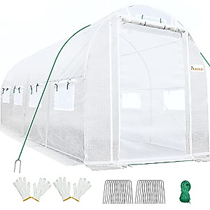 KING BIRD Upgraded 15x6.6x6.6FT Large Walk-in Greenhouse Heavy Duty Galvanized Steel Frame 2 Zippered Screen Doors 8 Screen Windows Tunnel Garden Plant Hot Green House 20 Stakes 4 Ropes 2 Gloves White