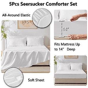 CozyLux Twin Bed in a Bag White Seersucker Textured Comforter Set with Sheets 5-Pieces for Girls and Boys - Bedding Sets with Comforter, Pillow Sham, Flat Sheet, Fitted Sheet, Pillowcase