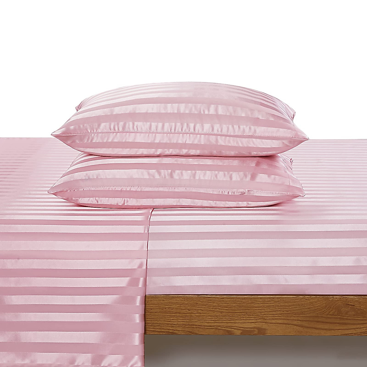 P Pothuiny Queen Satin Bed Linen Set, 6 Pieces Blush Pink Striped, Luxury Bedding with 1 Fitted Sheet, 1 Flat Sheet, 4 Pillowcases