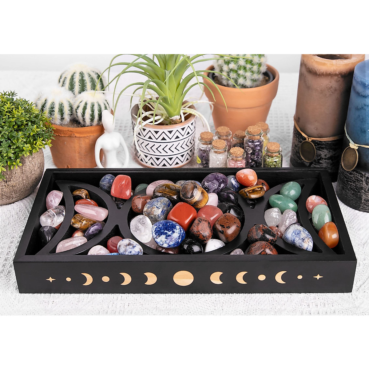 Crystal Tray for Stones, Triple Moon Crystal Holder Box, 3 Tarot Card Stand for Daily Affirmation Cards, Wicca Crystal Display, Detachable Rocks, Essential Oil Organizer, Witch Altar Gift