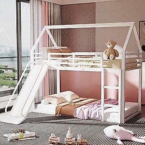 DreamBuck Bunk Bed Twin Over Twin, Metal House Shaped Bunk Bed with Convertible Slide and Ladder, Low Bunkbeds with High Guardrail for Kids Girls Boys, No Box Spring Needed, Without Noise, White