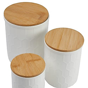 Bloomingville Farmhouse Stoneware Canisters with Honeycomb Design and Bamboo Lids, White and Natural, Set of 3 Sizes